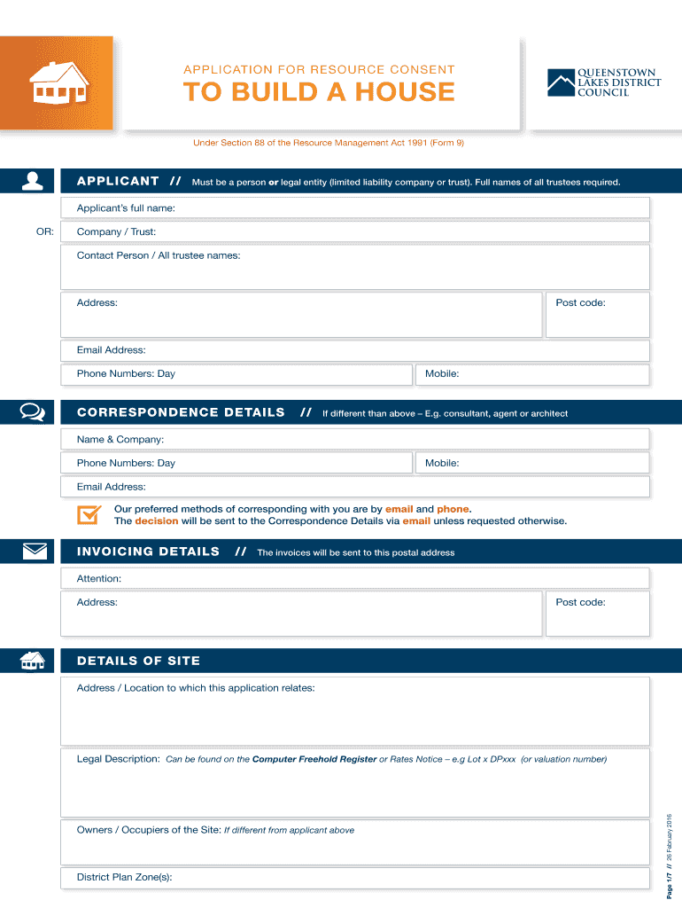 Fillable Online APPLICATION FOR RESOURCE CONSENT TO BUILD A HOUSE ...