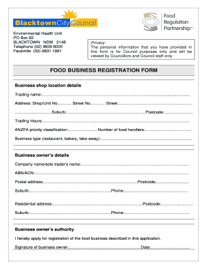 Fillable Online FOOD BUSINESS REGISTRATION FORM - blacktownnswgovau Fax ...