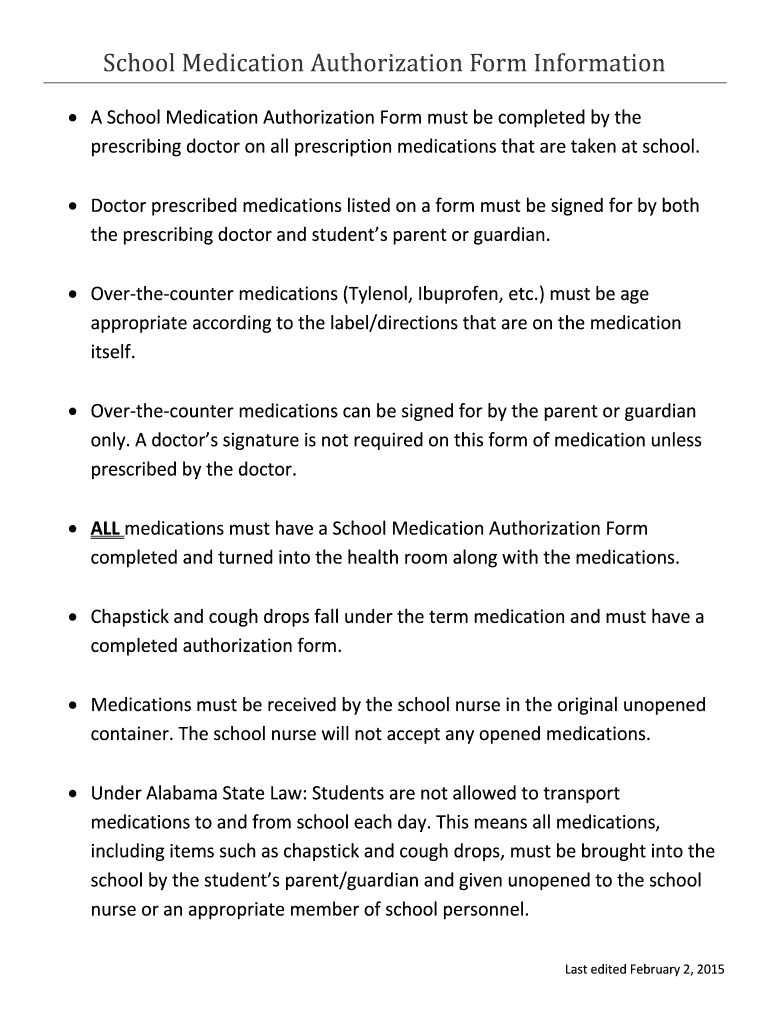 Fillable Online School Medication Authorization Form Information Fax ...