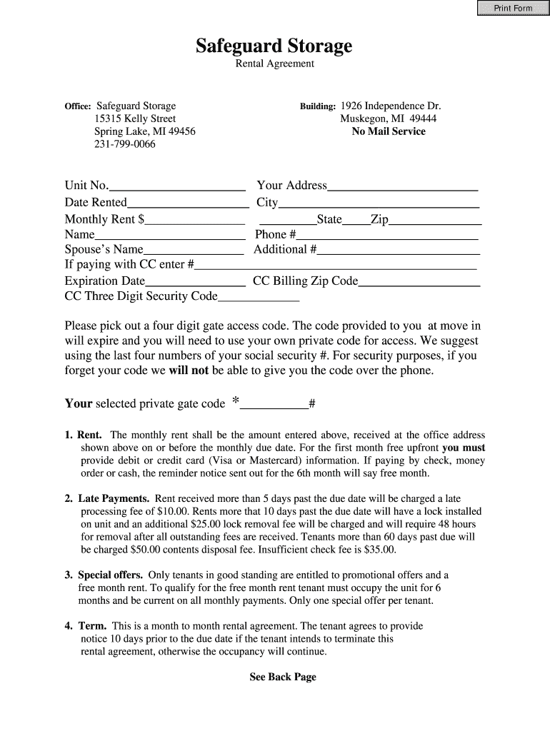 Fillable Online Print Form Safeguard Storage Rental Agreement Office ...