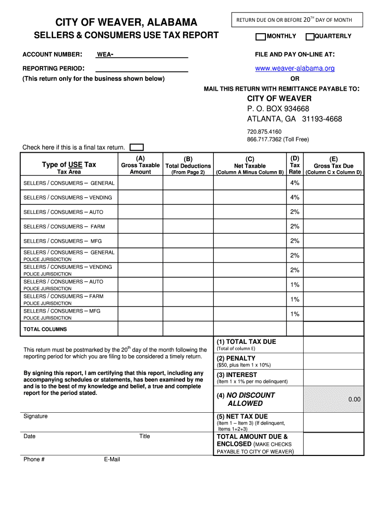 Fillable Online weaver-alabama SELLERS & CONSUMERS USE TAX REPORT Fax ...