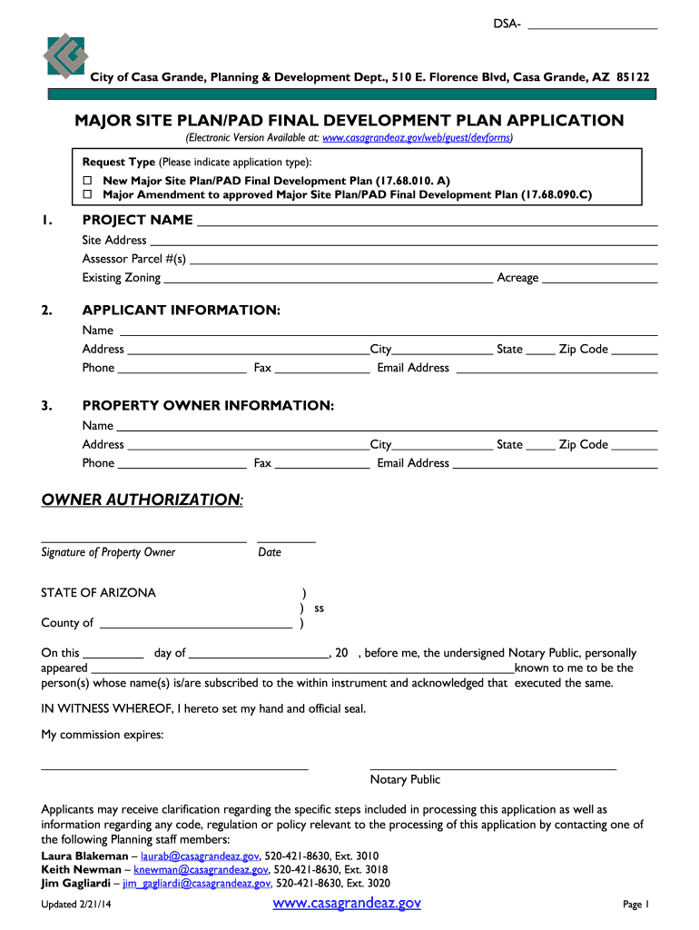 Fillable Online Florence Blvd, Casa Grande, AZ 85122 MAJOR SITE PLAN/PAD FINAL DEVELOPMENT PLAN ...