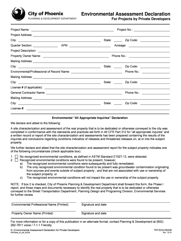 Fillable Online phoenix Environmental Assessment Declaration for ...