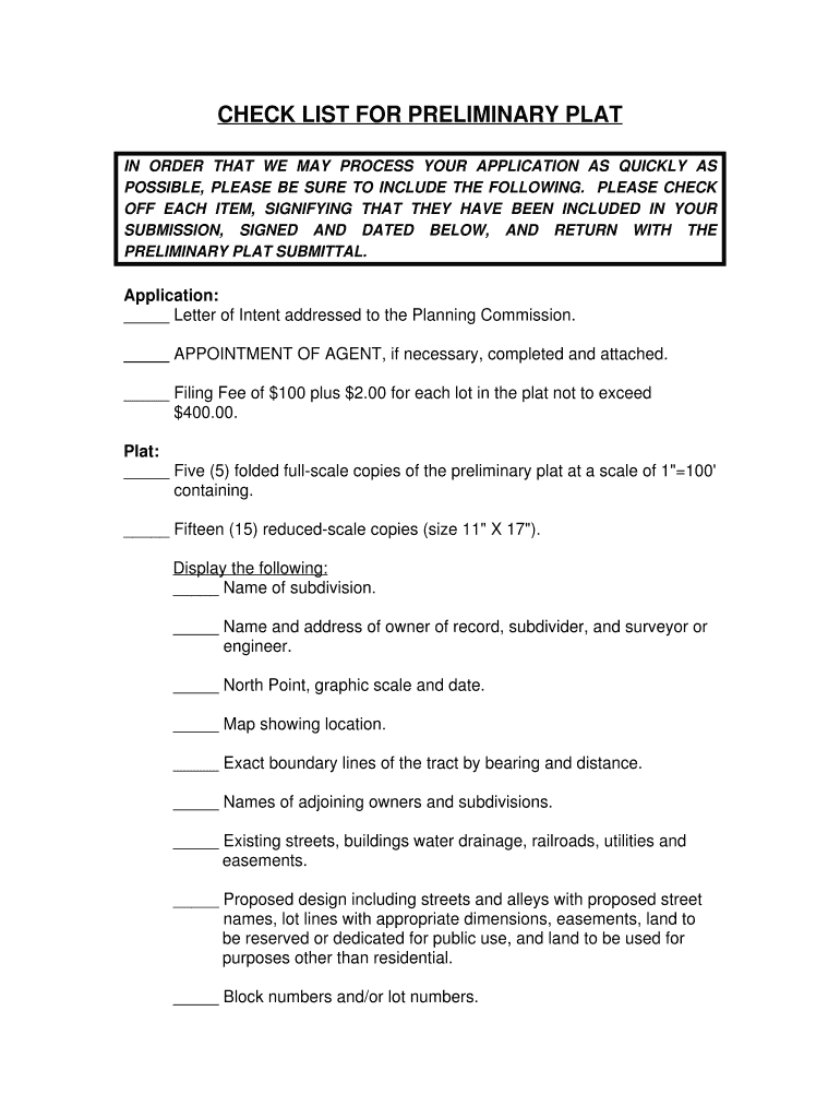 Fillable Online russellvillearkansas PRELIMINARY PLAT CHECKLIST ...