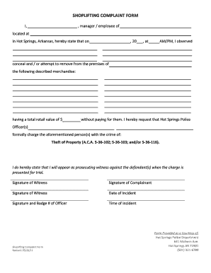Fillable Online SHOPLIFTING COMPLAINT FORM - Hot Springs Arkansas Fax ...