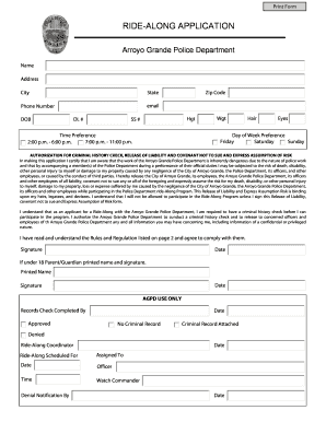Fillable Online arroyogrande RIDE-ALONG APPLICATION - arroyograndeorg ...