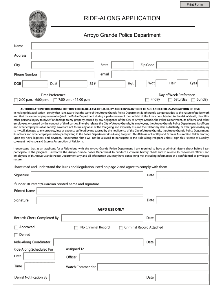 Fillable Online arroyogrande RIDE-ALONG APPLICATION - arroyograndeorg ...