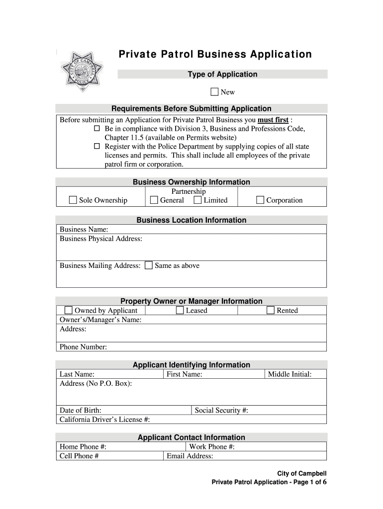 Fillable Online ci campbell ca Private Patrol Business Application ...