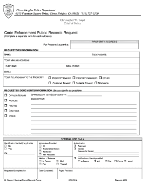 Fillable Online citrusheights Code Enforcement Public Records Request ...