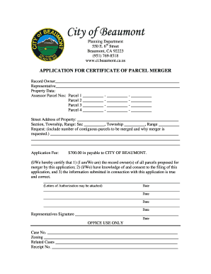 Fillable Online APPLICATION FOR CERTIFICATE OF PARCEL MERGER Fax Email ...
