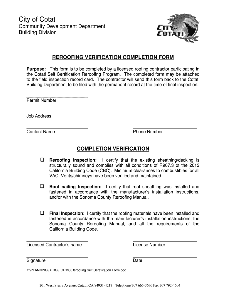 Fillable Online REROOFING VERIFICATION COMPLETION FORM Fax Email Print ...