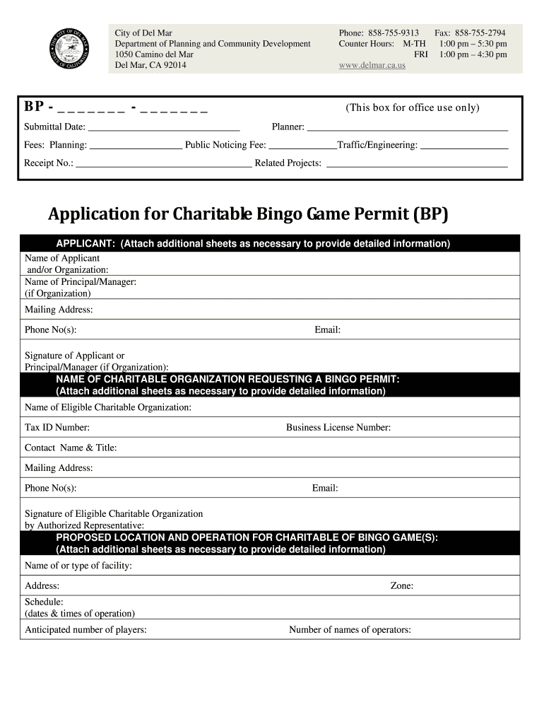 Fillable Online BP Bingo Permit application - Del Mar California Fax ...