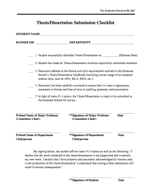 Fillable Online ncat ThesisDissertation Submission Checklist Fax Email ...