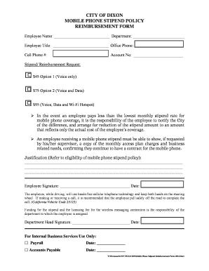 Fillable Online ci dixon ca CITY OF DIXON MOBILE PHONE STIPEND POLICY ...