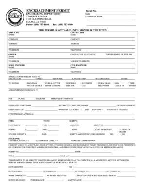 Fillable Online ENCROACHMENT PERMIT Permit No ENGINEERING DEPARTMENT ...
