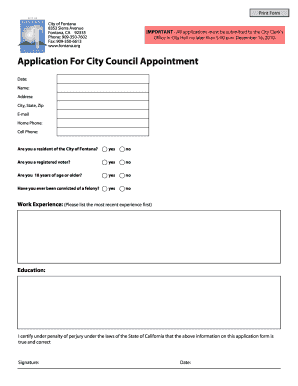 Fillable Online Application For City Council Appointment - Fontana Fax ...