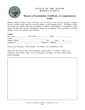 Fillable Online Request a Proclamation Certificate or Congratulatory ...
