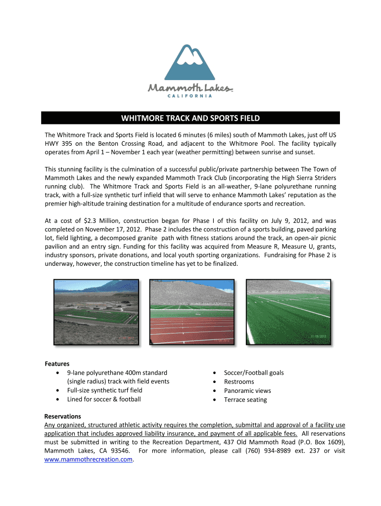 Fillable Online ci mammoth-lakes ca WHITMORE TRACK AND SPORTS FIELD ...