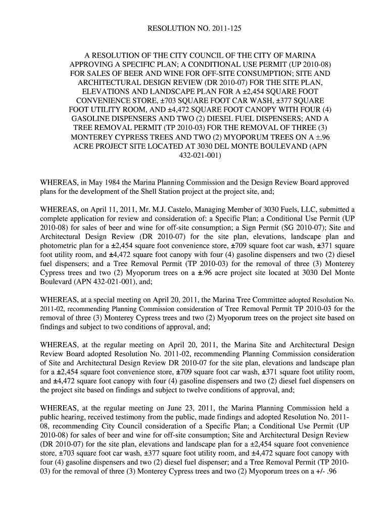 Fillable Online ci marina ca 2011125 A RESOLUTION OF THE CITY COUNCIL ...