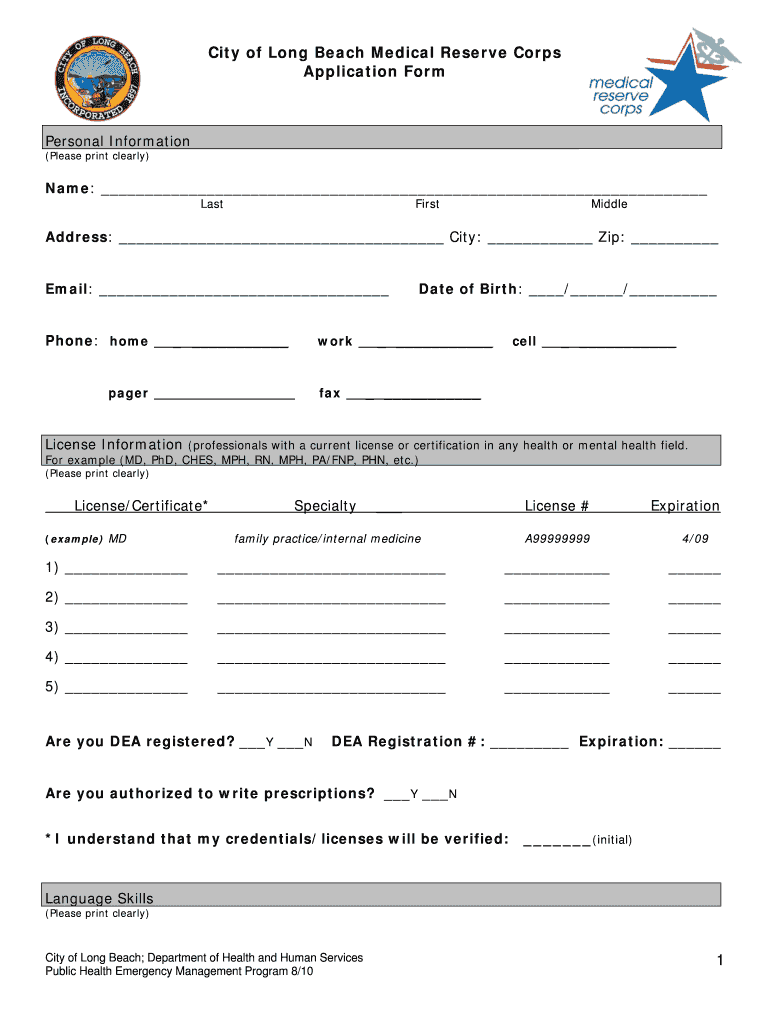 Fillable Online City of Long Beach Medical Reserve Corps Application Form Fax Email Print ...