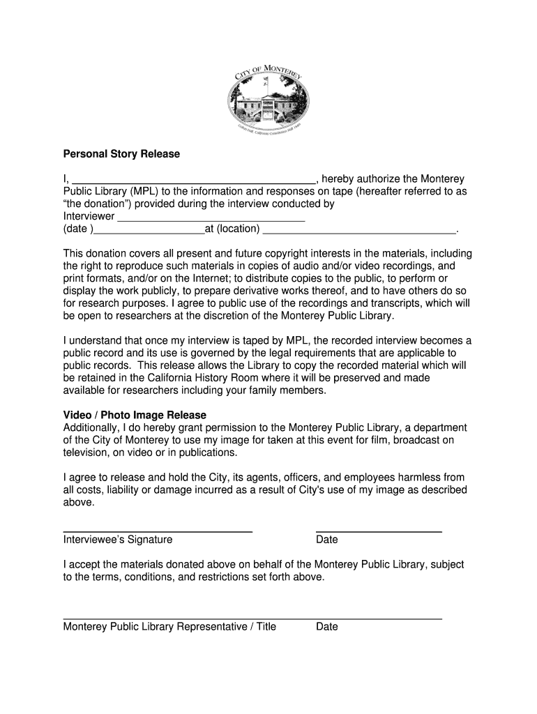 Fillable Online monterey Personal Story Release Form - Monterey Fax ...