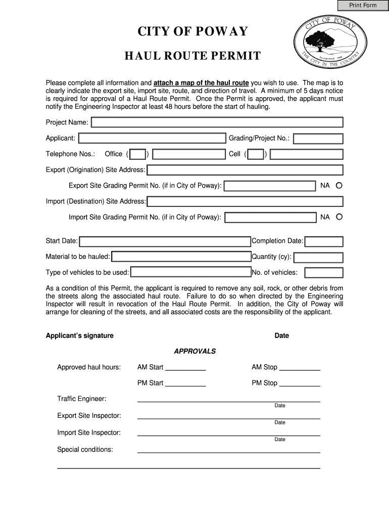 Fillable Online poway HAUL ROUTE PERMIT Fax Email Print - pdfFiller