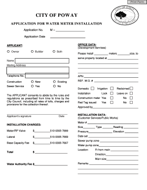 Fillable Online poway APPLICATION FOR WATER METER INSTALLATION Fax ...