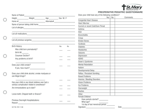Fillable Online PREOPERATIVE PEDIATRIC QUESTIONNAIRE Name of Patient ...