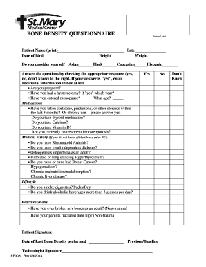 Fillable Online BONE DENSITY QUESTIONNAIRE - stmaryhealthcareorg Fax ...