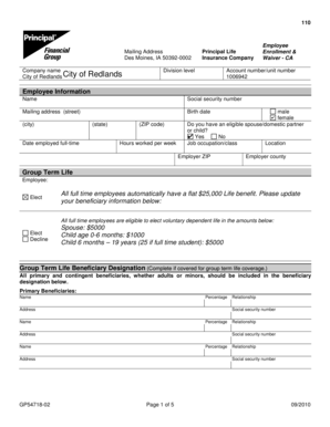 Fillable Online cityofredlands Employee Principal Life Enrollment ...