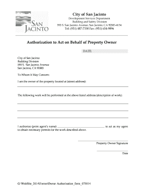 Fillable Online Authorization to Act on Behalf of Property Owner Fax ...