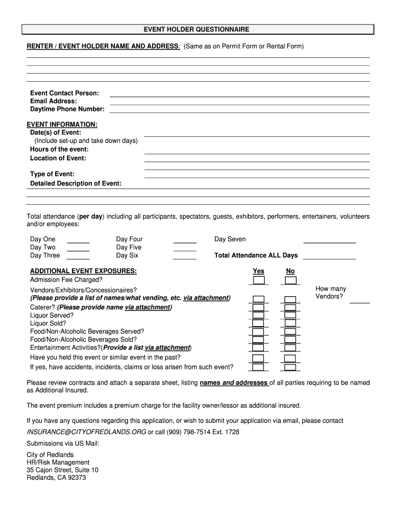 Fillable Online cityofredlands EVENT HOLDER QUESTIONNAIRE Fax Email ...