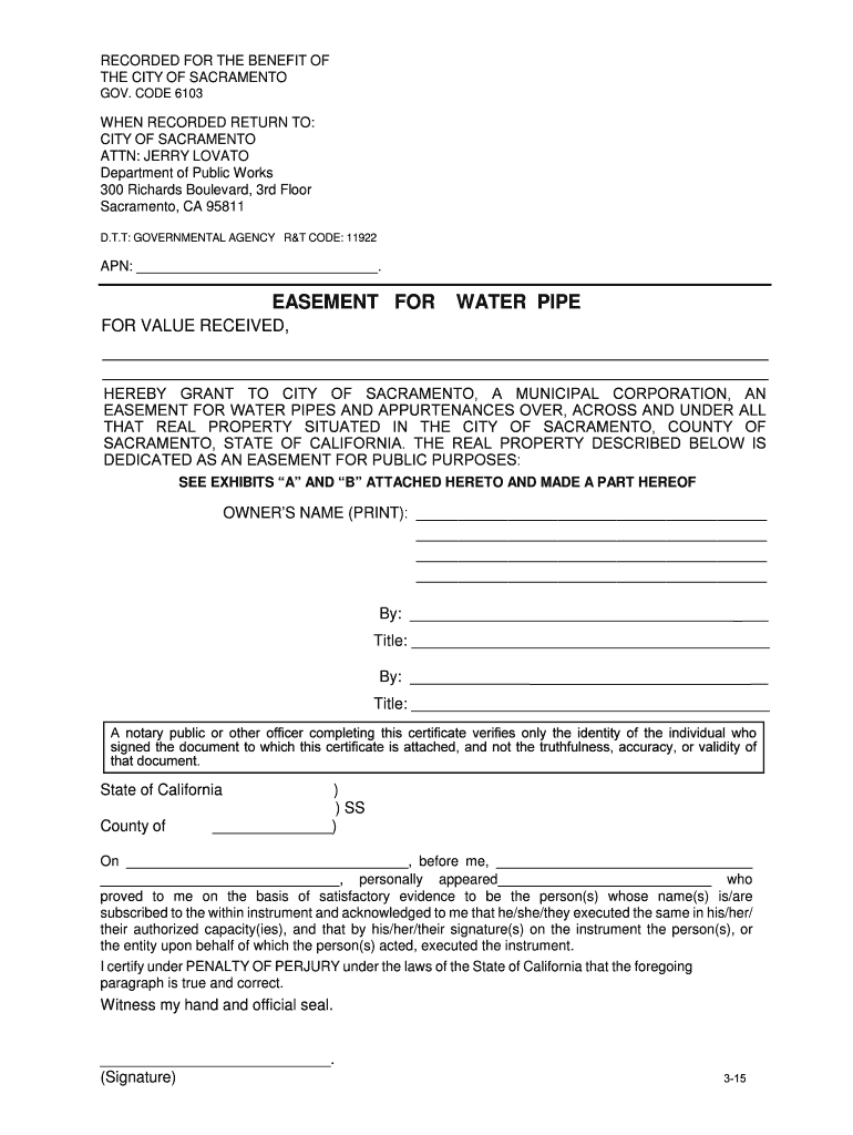 Fillable Online cityofsacramento EASEMENT FOR WATER PIPE - City of ...