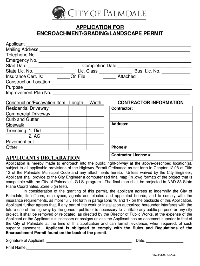 Fillable Online cityofpalmdale Encroachment Permit Application022912 ...