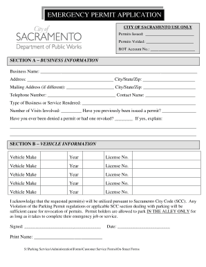 Fillable Online cityofsacramento EMERGENCY PERMIT APPLICATION AGREEMENT ...