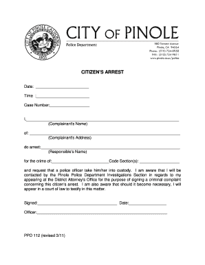 Fillable Online CITIZENS ARREST - cipinolecaus Fax Email Print - pdfFiller