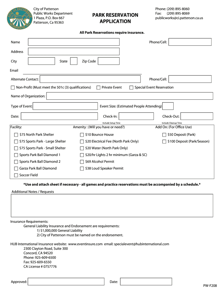 Fillable Online City of Patterson Public Works Department PARK ...