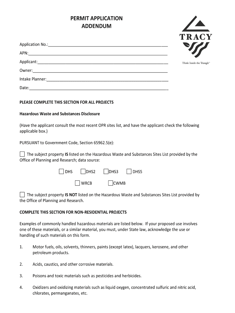 Fillable Online ci tracy ca Application Addendum Form - Tracy Fax Email ...