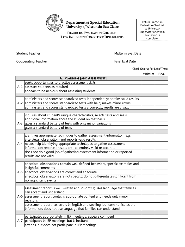 Fillable Online uwec PRACTICUM EVALUATION FORM - uwecedu Fax Email Print - pdfFiller