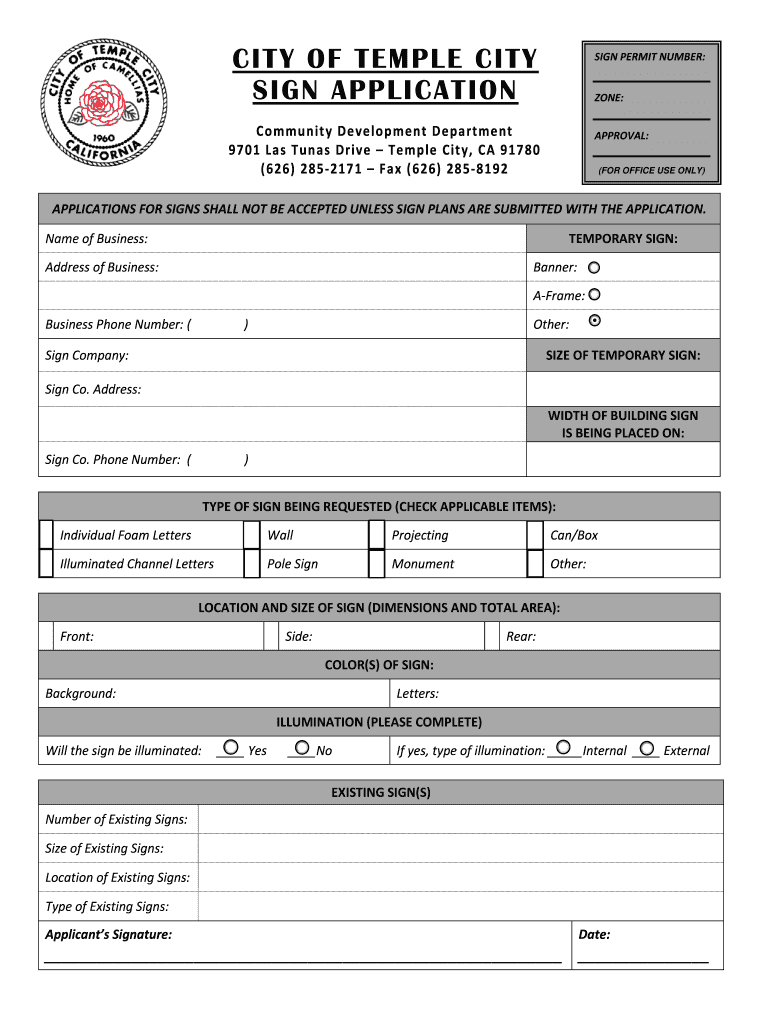 Fillable Online CITY OF TEMPLE CITY SIGN PERMIT NUMBER SIGN APPLICATION ...