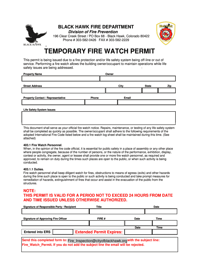 Fillable Online cityofblackhawk TEMPORARY FIRE WATCH PERMIT - Black ...