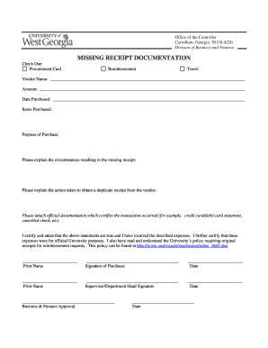 Fillable Online westga Missing receipt documentation - The University ...