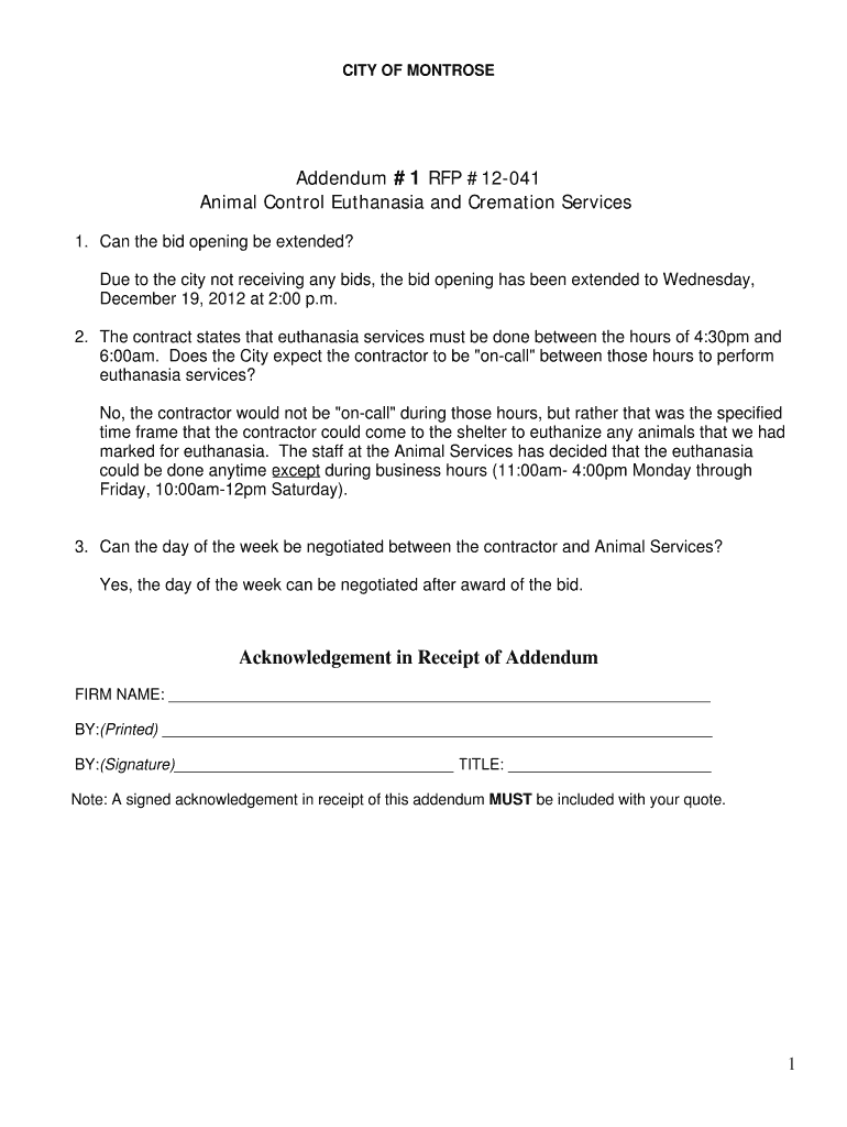 Fillable Online cityofmontrose Acknowledgement in Receipt of Addendum Fax Email Print - pdfFiller