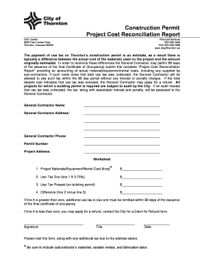 Fillable Online cityofthornton Project Cost Reconciliation Report Fax ...