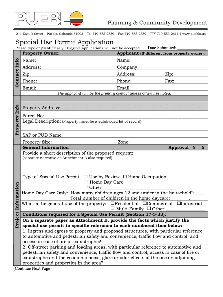 Fillable Online Special Use Permit Application Contact Info Date ...