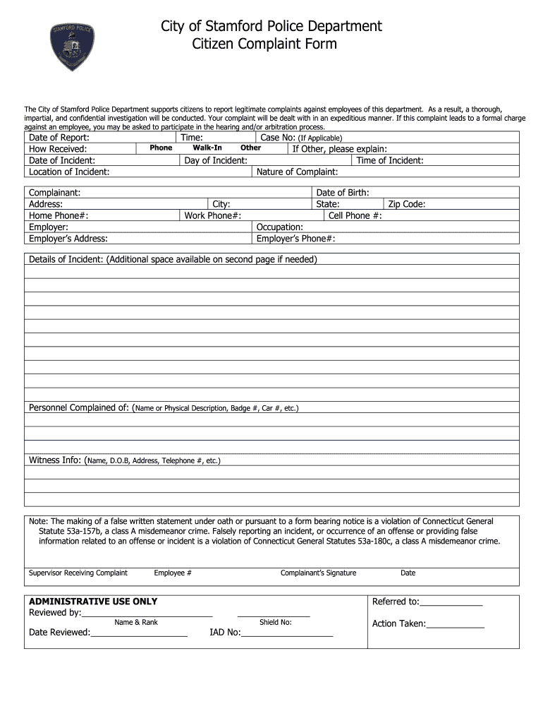 Complaint Form Stamford Pdf - Fill Online, Printable, Fillable, Blank ...