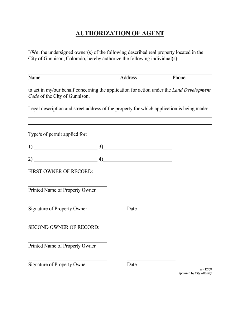 Fillable Online AUTHORIZATION OF AGENT - Gunnison Fax Email Print ...