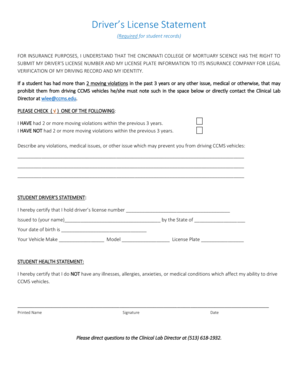 Fillable Online ccms Drivers License Statement - Cincinnati College of ...