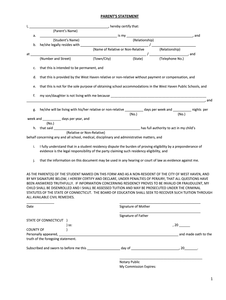 Fillable Online whschools PARENTS STATEMENT - West Haven Schools Fax ...