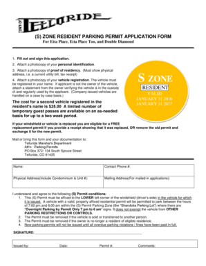 Fillable Online telluride-co S ZONE RESIDENT PARKING PERMIT APPLICATION FORM For Etta ...